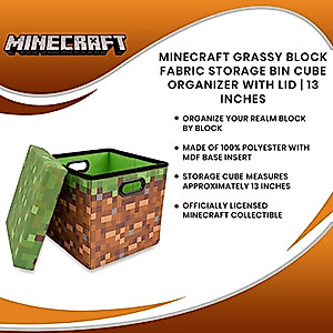 Minecraft Grassy Block 13-Inch Storage Bin Chest With Lid | Foldable Fabric Basket Container, Cube Organizer With Handles, Cubby For Shelves, Closet | Home Decor Essentials, Video Game Gifts