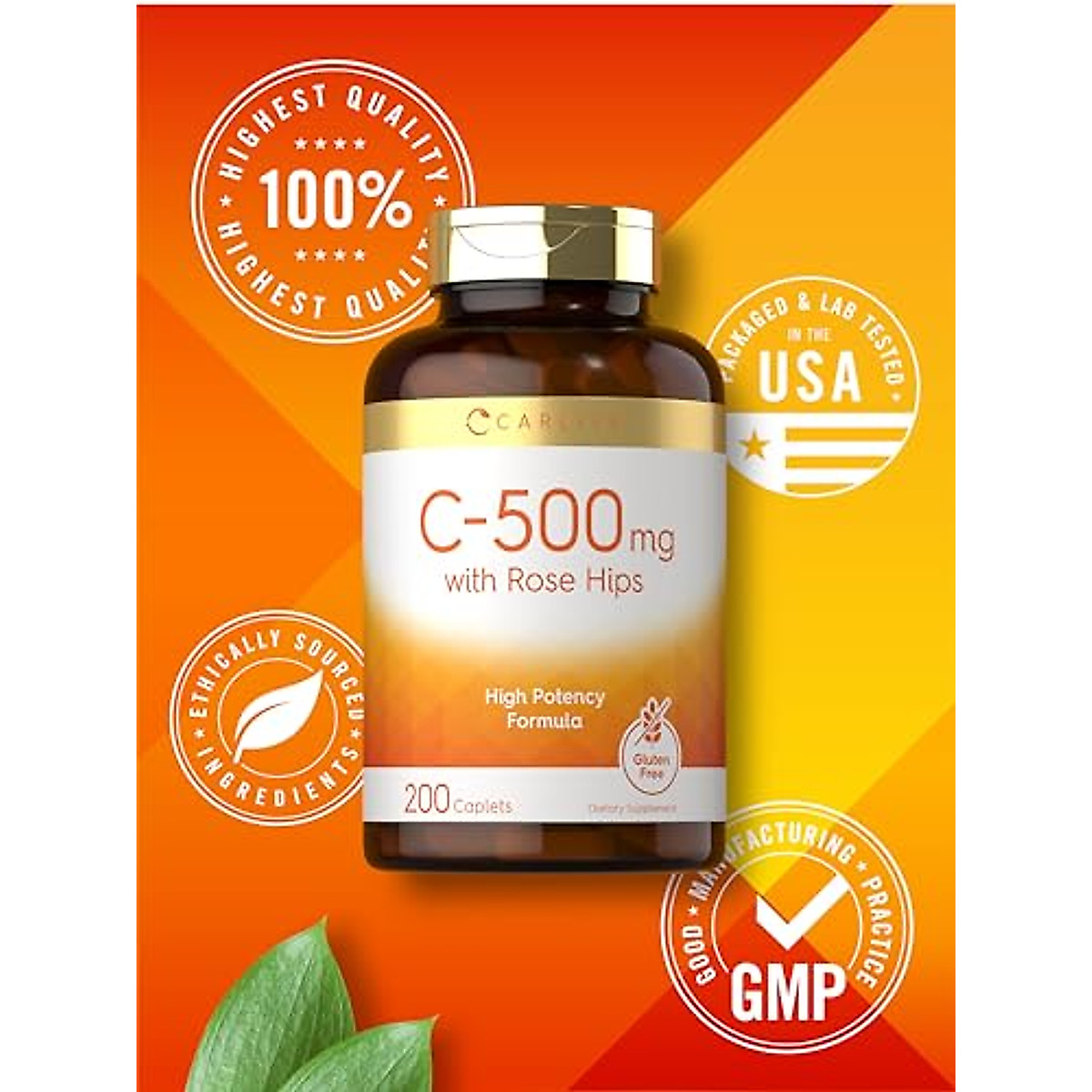 Carlyle Vitamin C with Rose Hips 500mg | 200 Caplets | High Potency Formula | Vegetarian, Non-GMO and Gluten Free Supplement