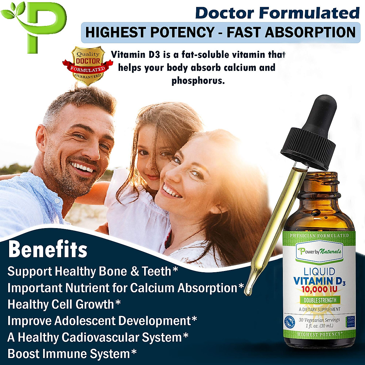 Power By Naturals Vitamin D3 Liquid Drops 10000 IU - High-Potency Vitamin D3 for Adult Bone Strength & Immune Support - Gluten-Free, Non-GMO, Sugar-Free Vitamin - Orange Flavor, 1 fl Oz (30 Servings)