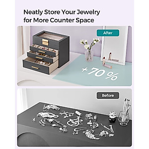 SONGMICS Jewelry Box with Glass Lid, 4-Layer Jewelry Organizer, 3 Drawers, for Sunglasses, Big Jewelry, Jewelry Storage, Modern Style, Gray and Gold Color UJBC161C01