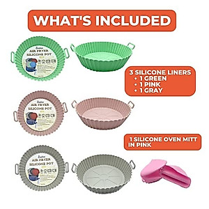 Bestiee 3-Pks Reusable Air Fryer Liners with Mitten | Fits for 3 to 7 QT | 8" Round Thick Non-Stick Food Grade Air Fryer Silicone Liners | Non-Flammable Air Fryer Liners Reusable | Green,Pink,Gray