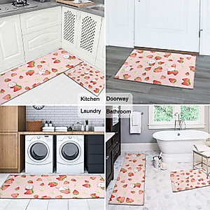 Strawberry Cat Kitchen Mats Set 2 Piece Pink Strawberry Printed Floormat 2-Piece Non Slip Comfort Kitchen Rugs Low-Profile Home Decorative Modern Kitchen Rug Heavy
