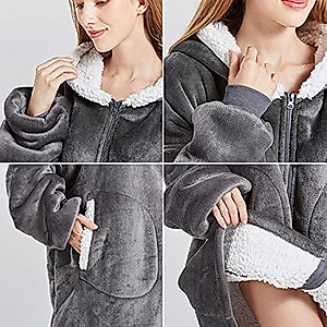 FAYBOX Wearable Blanket Hoodie with Zip for Women Men, Fuzzy Warm Sherpa Comfy Oversized Hoodie Blanket Plush Sweatshirt with Giant Pocket One Size Fits All-Dark Grey
