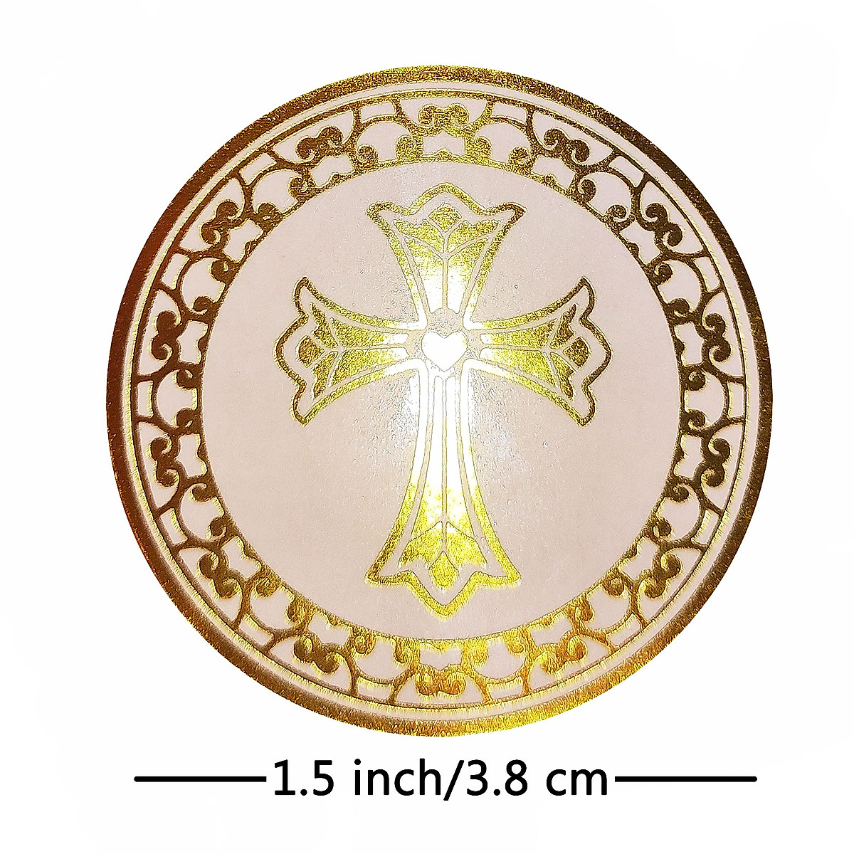 Gold Foil Cross Stickers, 1.5 inch 500 Foil Self-Adhesive Religious Stickers Round Labels for Baptism Party, Envelope Seals, Christening, Wedding Decoration