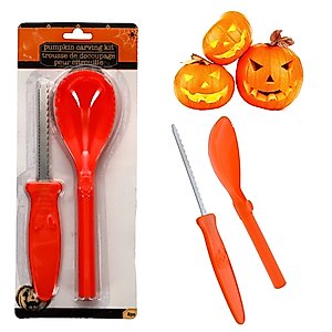 LSM Jumbo Pumpkin Carving Tools, Jack-O-Lantern 2Pcs Plastic Set for Kids & Adults Halloween DIY Home Fall Autumn Decor Sculpting Tool Knife Spoon Party Supplies with Oggetto, Multicolor