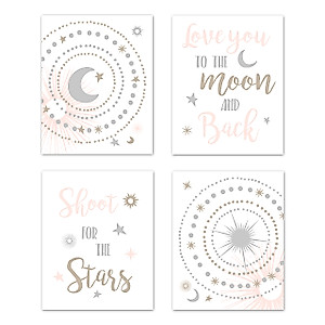 Sweet Jojo Designs Blush Pink, Gold, Grey and White Star and Moon Wall Art Prints Room Decor for Baby, Nursery, and Kids for Celestial Collection - Set of 4 - Shoot for the Stars