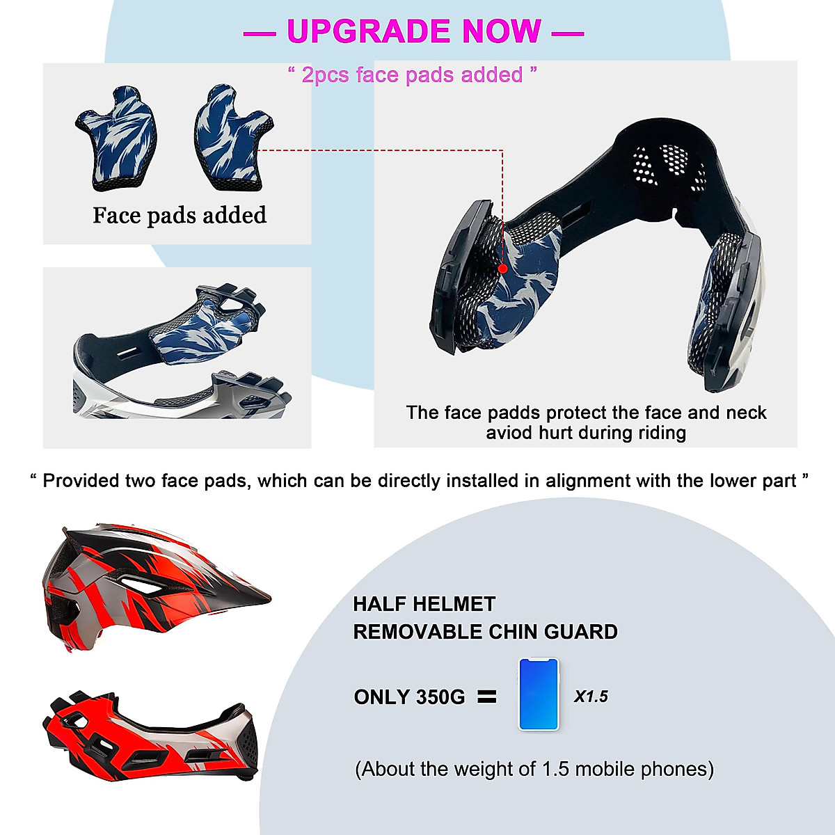 Natuway Toddler and Kids Full Face Helmet, Girl and Boy Full Face Helmet BMX Multi-Sport Detachable Downhill Mountain Helmet