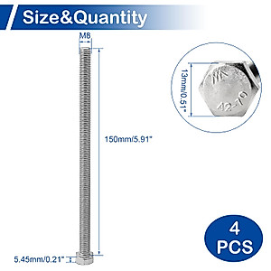 MroMax 4Pcs M8 x 150mm Hex Head Screws Bolts, 304 Stainless Steel 18-8, Fully Threaded, External Hex Drive, for Mounting Chair, Handles, Rail, Pump, Wheels, Antenna Parts, Boat and Plastic Bumpers