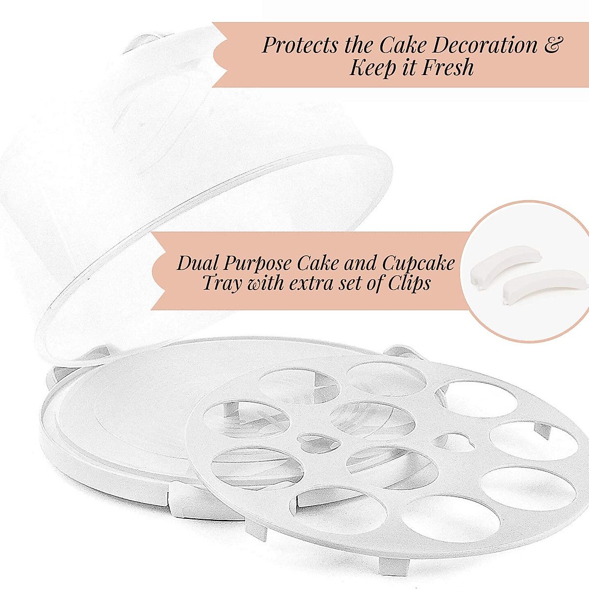 Cake Carrier With Lid and Handle – 3 In 1 Multipurpose Cake Storage Container Hold Upto 11 Cupcakes, 10 Inched Cake & 5 Section Serving Tray for Snacks & Fruit – Cake Holder With Mittens