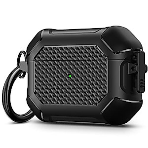Maxjoy for AirPods Pro Case, Carbon Fiber Secure Lock Clip Full Body Shockproof Hard Shell Protective Case Cover with Keychain for Apple AirPod Pro (2019), Black