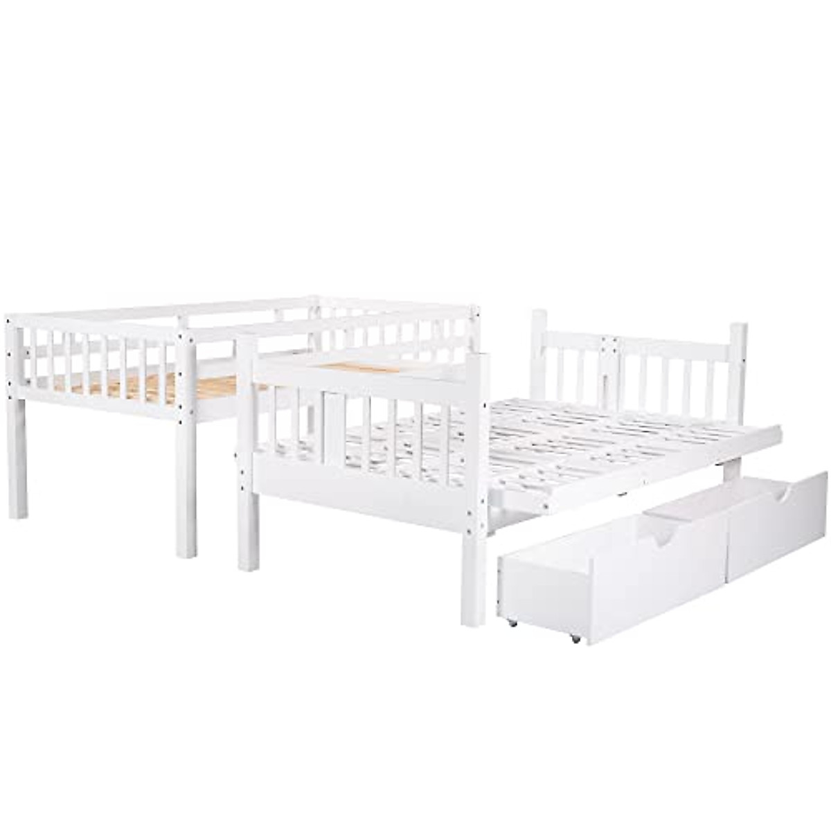 Twin Over Full Futon Bunk Beds with Stairs and Storage Drawers Convertible Wood Bunk Bed Frame Couch and Bed for Kids Boys Girl Adults Teens Dorm, White