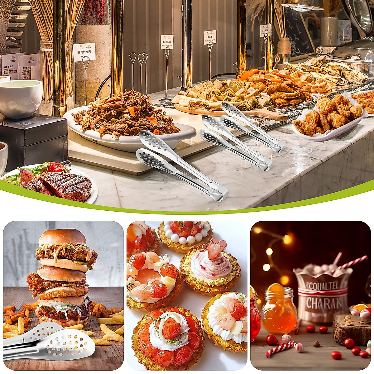 XEVOM Serving Tongs, 8 Pack, 7 Inch, Stainless Steel, Silver, Buffet Tongs