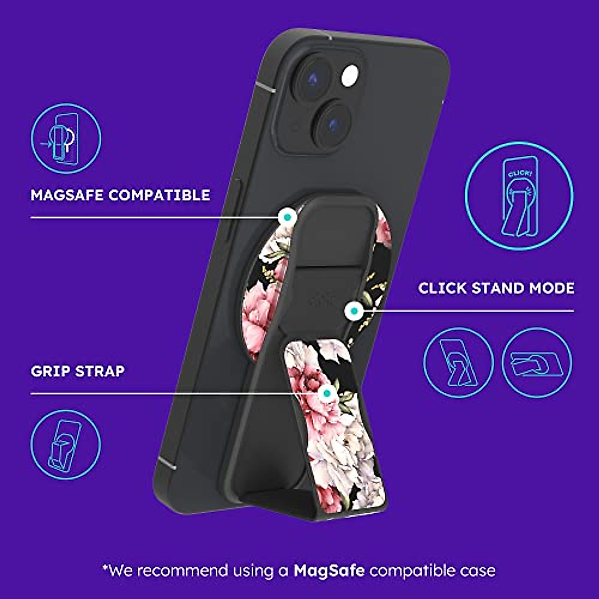 CLCKR Compact Mobile Cell Phone Grip Holder Compatible with MagSafe iPhone 15, 14 Series, Removable Magnetic Phone Kickstand with Finger Strap, 3500G Strength Magnet for Extra Strong Mount, Blossom