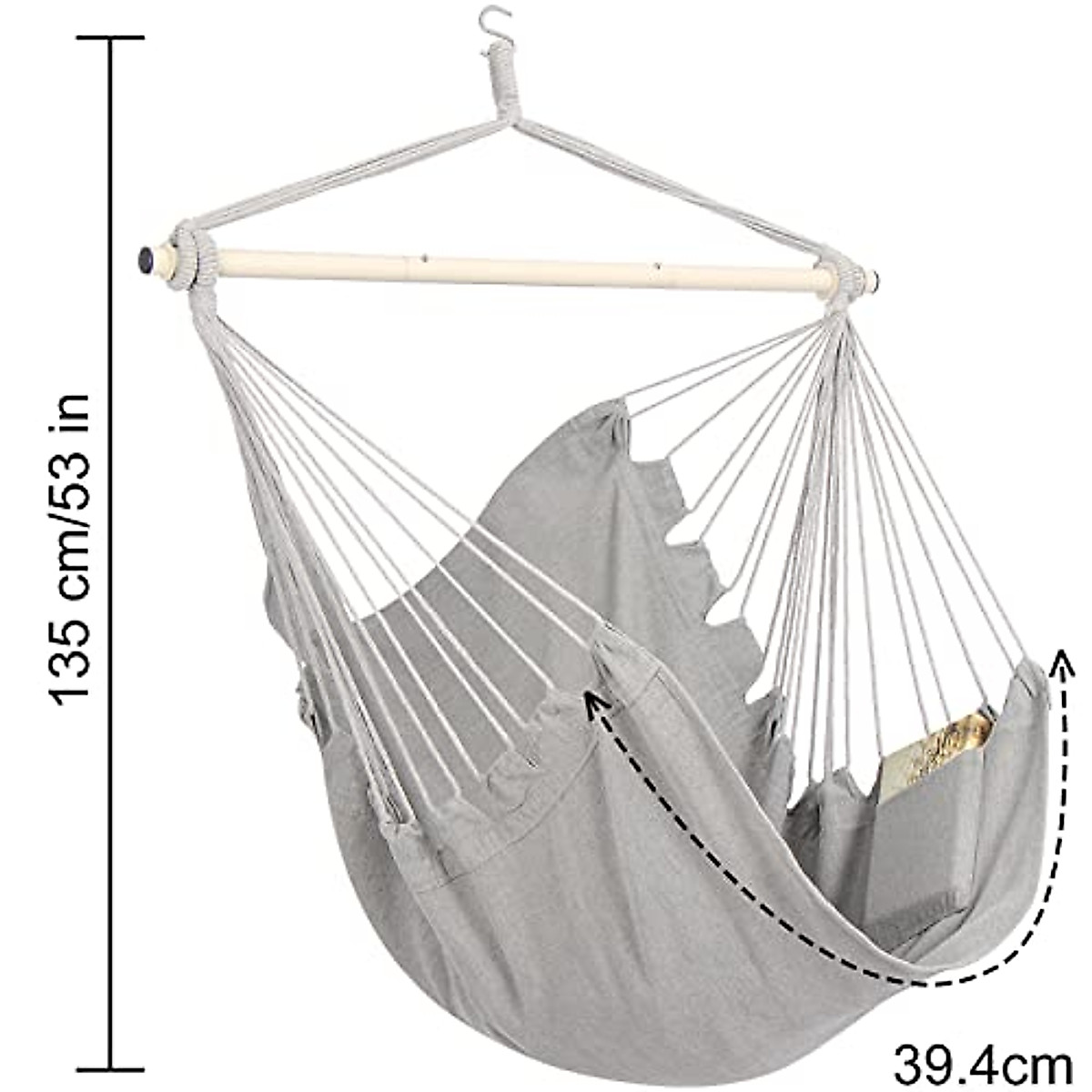 Y- STOP Hammock Chair Hanging Rope Swing, Max 500 Lbs, Hanging Chair with Pocket, Removable Steel Spreader Bar with Anti-Slip Rings, Quality Cotton Weave for Comfort, Durability, Light Grey