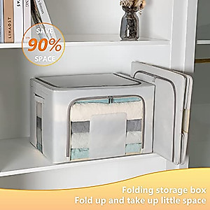 FAikhom 3 Pack Stackable Storage Bins- Foldable Metal Frame Storage Box Oxford Fabric Stackable Clothes Container Organizer with clear Window & Carry Handles (66L, Grey)