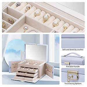 Vlando Velvet Jewelry Organizer Box for Women, Large Leather Jewelry Storage Box with Locked, Mirrored, 3 Drawer for Watch Necklace Ring Earring Storage, Gift for Girl Women and Mom - Purple