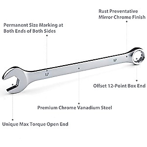Max Torque 14-Piece Premium Metric Combination Wrench Set in Rack, No Skipped Metric Size 6mm to 19mm | Longer Wrench Body Design, Chrome Vanadium Steel, Mirror Chrome Finish, Unique V-Groove Open End
