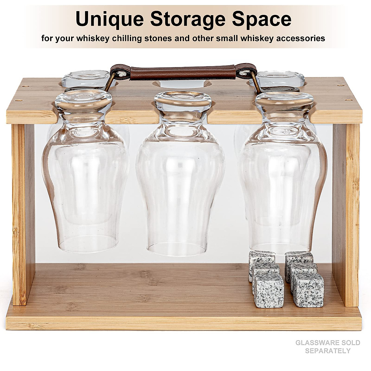 DOUDIZHU Bamboo Whisky Tasting Glass Rack- Compatible with Glencairn Whiskey Glasses Set of 6, Glassware Drying Holder Carrier Bourbon Whiskey Glasses Storage Organizer(Not Include Glasses)