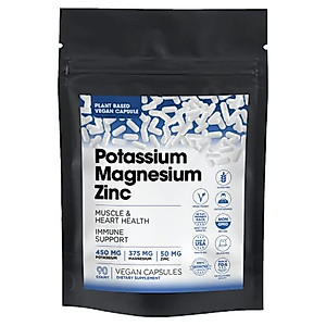 Magnesium Potassium Supplements w/ Zinc - 90 Capsules - Magnesium Potassium Zinc for Vascular Health – High Absorption Vegan Potassium Magnesium Supplement for Leg Cramps and Sleep