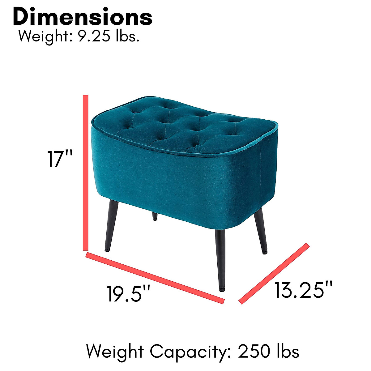 BIRDROCK HOME Tufted Curve Ottoman Velvet Foot Stool - Upholstered Padded Footrest for Living Room or Bedroom - Small Cushioned Accent Chair for Couch, Sofa, Lofted Seating - Modern Furniture - Teal