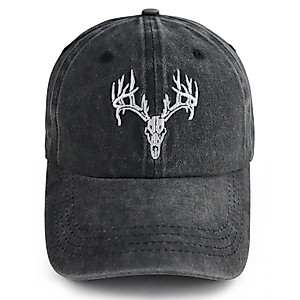 Deer Hunting Accessories Hats for Men Women, Funny Embroidered Halloween Deer Skull Head Antler Baseball Cap, Adjustable Washed Elk Reindeer Decor Hat, Gifts for Friends Wild Animal Lover Hunter