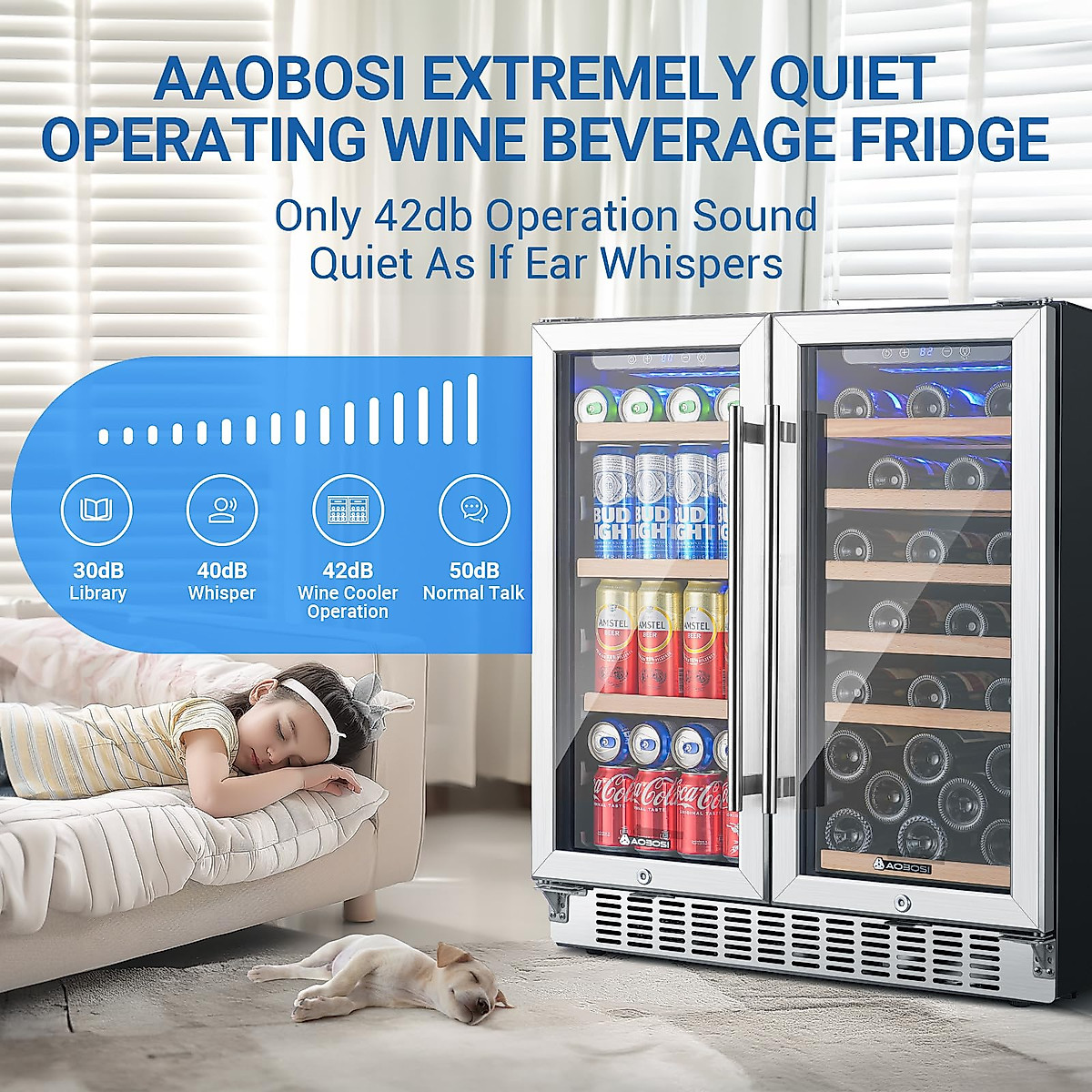 AAOBOSI 30 Inch Wine and Beverage Cooler, 31 Bottles & 110 Cans Wine Fridge, Glass Door Dual Zone Wine Refrigerator Freestanding and Built-in, Digital Temperature Control, Blue LED Display Light