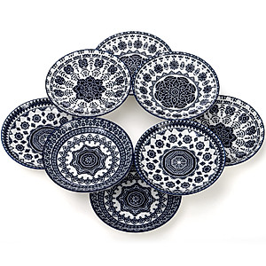 Foraineam 8 Pack Porcelain Salad Plates, 6-3/4 inch Blue and White Floral Shallow Round Serving Plate for Appetizer Salad Dessert and Snack, Microwave & Dishwasher Safe