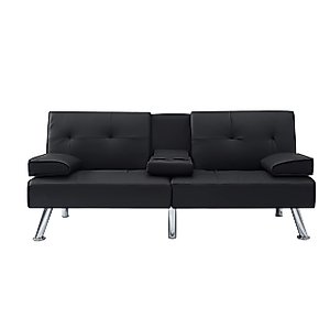 Futon Sofa Convertible Sleeper Couch Bed Daybed Loveseat,Faux Leather Folding Recliner with 2 Cup Holders,Removable Soft Pillow-Top Armrest,3 Angles for Living Room Small Place