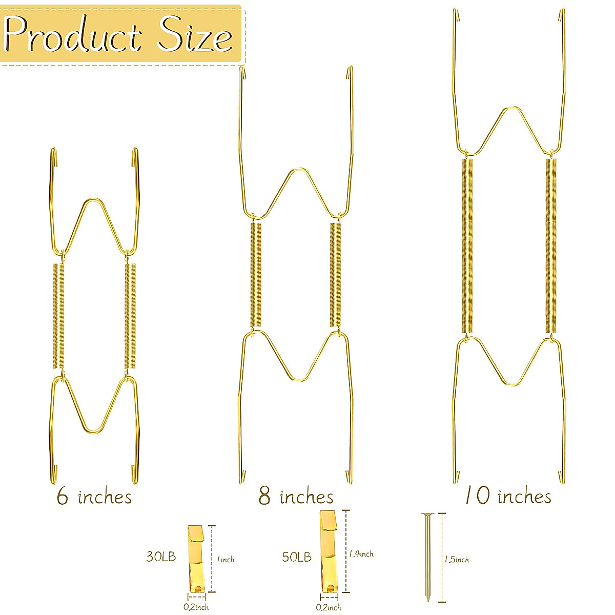 Hotop 12 Pcs Plate Hangers for The Wall 6, 8, 10 Inches Wall Invisible Heavy Duty Stainless Decorative Wire Plate Hangers Stainless with 12 Pcs Hooks with Nails for Indoor Decorative(Gold)