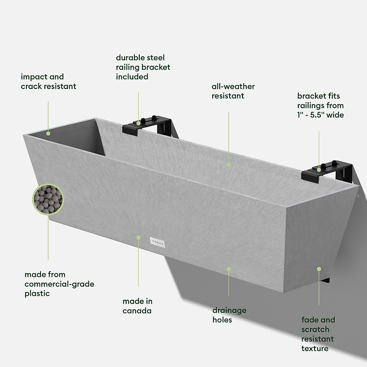 Veradek Pure Series Railing Planter - Plastic Hanging Planter for Outdoor Balcony/Fence | Durable All-Weather Use with Adjustable Brackets | Modern Décor for Flowers, Succulents, Hanging Plants