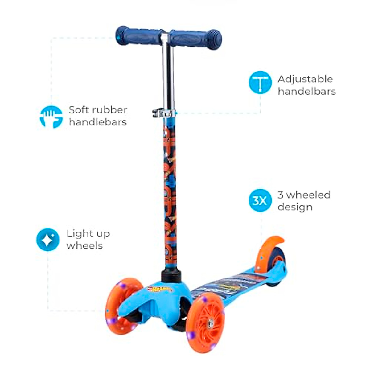 Hot Wheels Self Balancing Kick Scooter with Light Up Wheels, Extra Wide Deck, 3 Wheel Platform, Foot Activated Brake, 75 lbs Limit, Kids & Toddlers Girls or Boys, for Ages 3 and Up