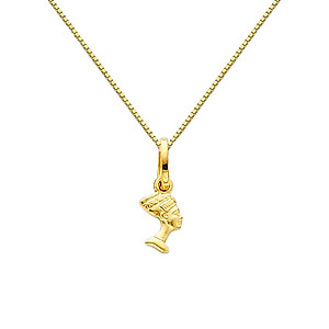 The World Jewelry Center 14k REAL Yellow Gold Queen Nefertiti Pendant with 0.65mm Box Link Chain Necklace - 18"