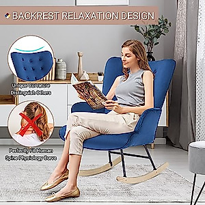 K Knowbody Rocking Chair Nursery, Boho Nursery Glider Rocker Modern Accent Chair for Bedroom, Living Room, Tufted Upholstered Armchair with Linen Fabric, Nursing Chairs for Mom and Baby, Blue