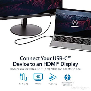 StarTech.com 6ft (2m) USB C to HDMI Cable - 4K 60Hz USB Type C to HDMI 2.0 Video Adapter Cable - Thunderbolt 3 Compatible - Laptop to HDMI Monitor/Display - DP 1.2 Alt Mode HBR2 - Black (CDP2HD2MBNL)