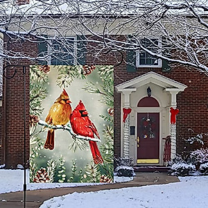 Heyfibro Welcome Winter Garden Flag Cardinal Red Bird Holly Berry Branches Snow Welcome Winter Flags 12x18 Inch Double Sided Burlap Banner for Winter Holiday Christmas Yard Outdoor Decoration(ONLY FLAG)