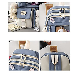 AONUOWE 5 pcs Cute Aesthetic Backpack Set for School Teens, 3 Plushies & 5 Pins & Cards Kawaii Backpack with Accessories (Black)