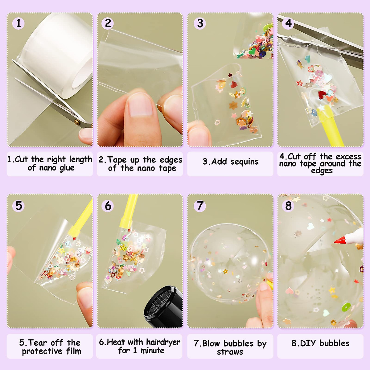 Nano Tape Bubbles Kit, Nano Tape Magic Plastic Bubbles Balloon, Nano Tape Elastic Bubble DIY Craft Kit, Party Favors and Fidget Toy for Kids, Girls, Boys and Adult (9.84ft × 2inch)