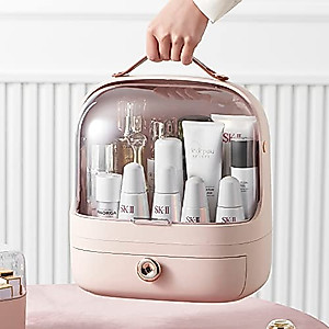 MIUOPUR Large Makeup Organizer with Brush Holder, Cosmetic Display Case with Drawer, Waterproof and Dustproof Transparent Cover, Portable Handle, Suitable for Bathroom and Bedroom -Pink