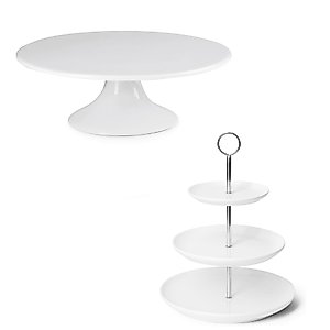 Sweese 10inch Porcelain Cake Stand Round Dessert Stand White + 3 Tier Cupcake Stand Porcelain Dessert Stand White