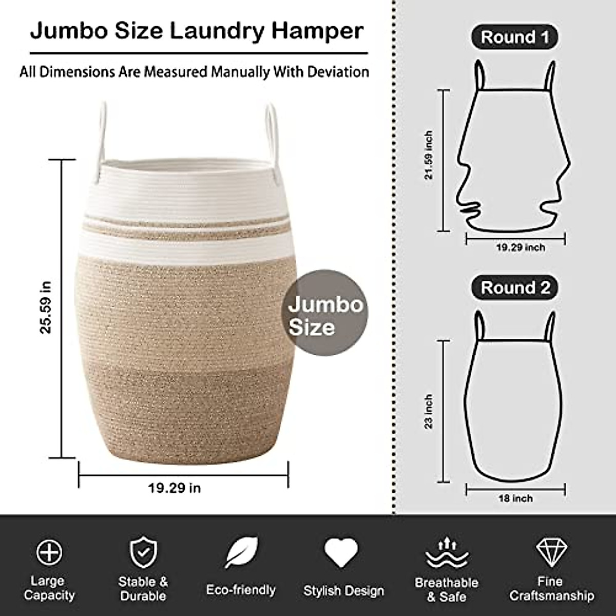 OIAHOMY Laundry Hamper Woven Rope Large Clothes Hamper 25.6" Height Tall Laundry Basket with Extended Handles for Storage Clothes Toys in Bedroom, Bathroom, Foldable (Gradient Yellow)