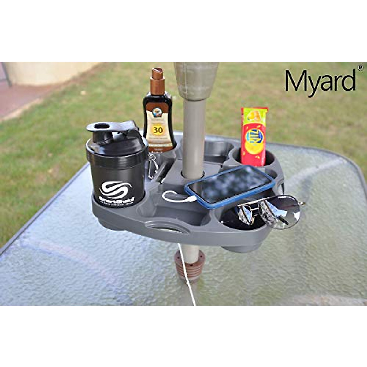 Myard Umbrella Table Tray 15 Inches for Beach, Patio, Garden, Swimming Pool with 4 Drink Holder, 4 Holes Bundle with Umbrella Cone Wedge Spacer fits Patio Table Hole Opening or Base 1.8 to 2.4 Inch