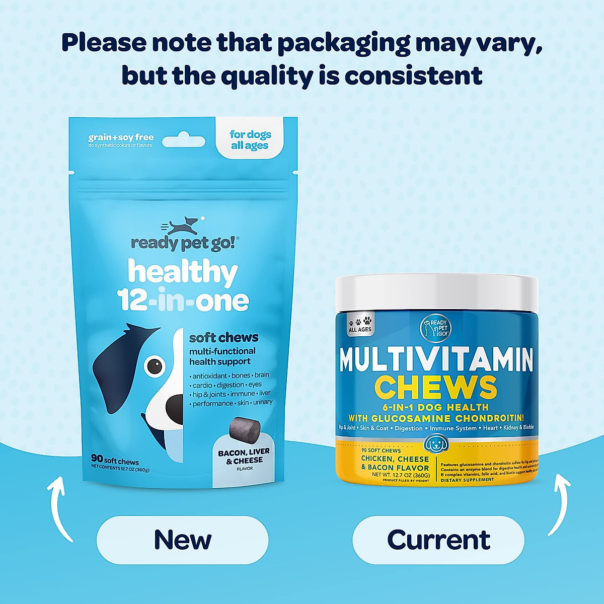 Ready Pet Go! Calming & Multivitamin Chews for Dogs | Vitamins for Skin, Coat, Hip & Joint Health | Helps with Dog Anxiety, Separation & Barking | 90 Chews Each