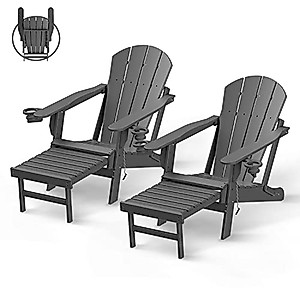 BRIOPAWS Folding Adirondack Chairs with Ottoman Set of 2, Weather Resistant HDPE Patio Chair w/Cup Holders & Retractable Footrest for Poolside Lawn Fire Pit Deck Outdoor Porch Campfire, Grey, 2 Pack