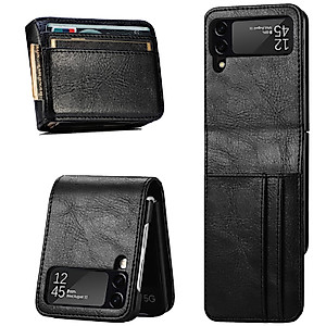Ephoou Wallet Case for Samsung Galaxy Z Flip 3 5G with Card Holder, Premium PU Leather Phone Cover Case for Samsung Galaxy Z Flip 3 Business Black