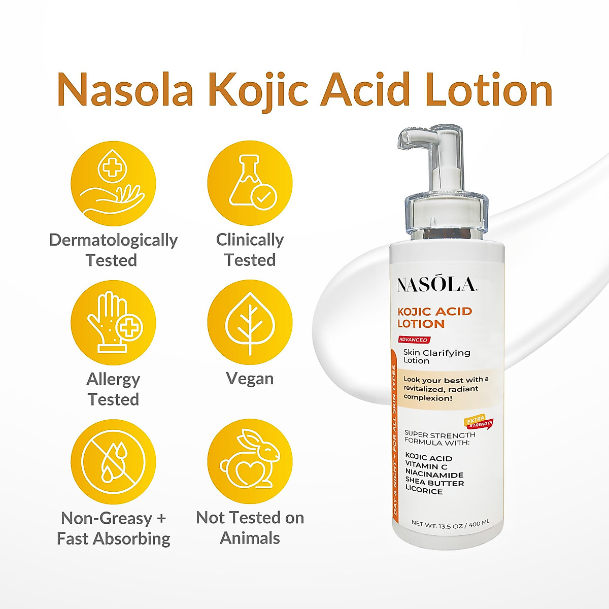 Nasola Kojic Acid Lotion Natural Skin Clarifying for Face & Body with Vitamin C, Niacinamide, Shea Butter, Licorice & Green Tea for Complexion Revitalization, Women & Men