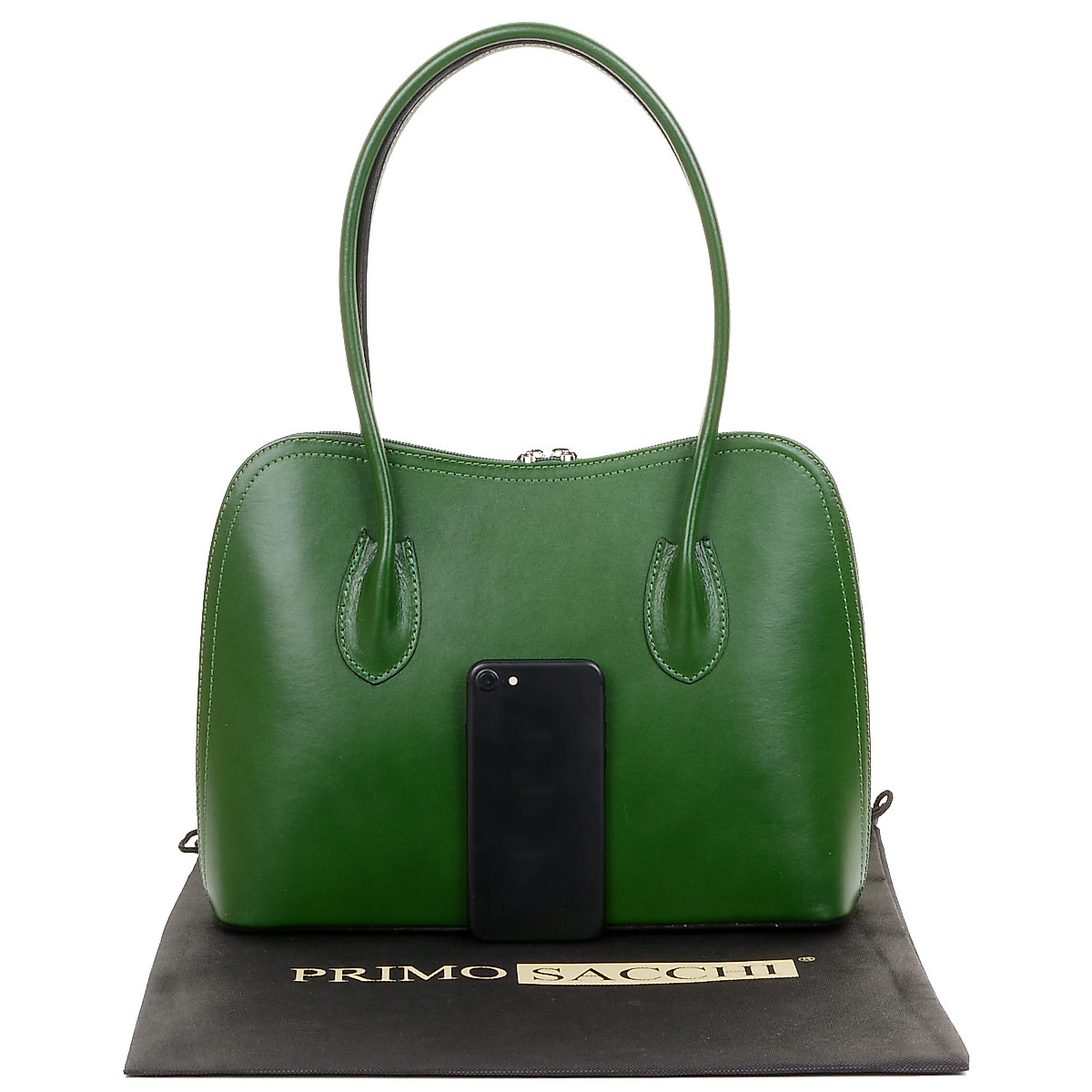 PRIMO SACCHI Italian Smooth Leather Green Classic Long Handled Handbag Tote Grab Bag Shoulder Bag