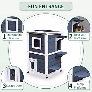 PawHut Outdoor Cat House with Escape Door, Weatherproof 2-Story Wooden Feral Cat Shelter with Opening Asphalt Roof, Dark Gray