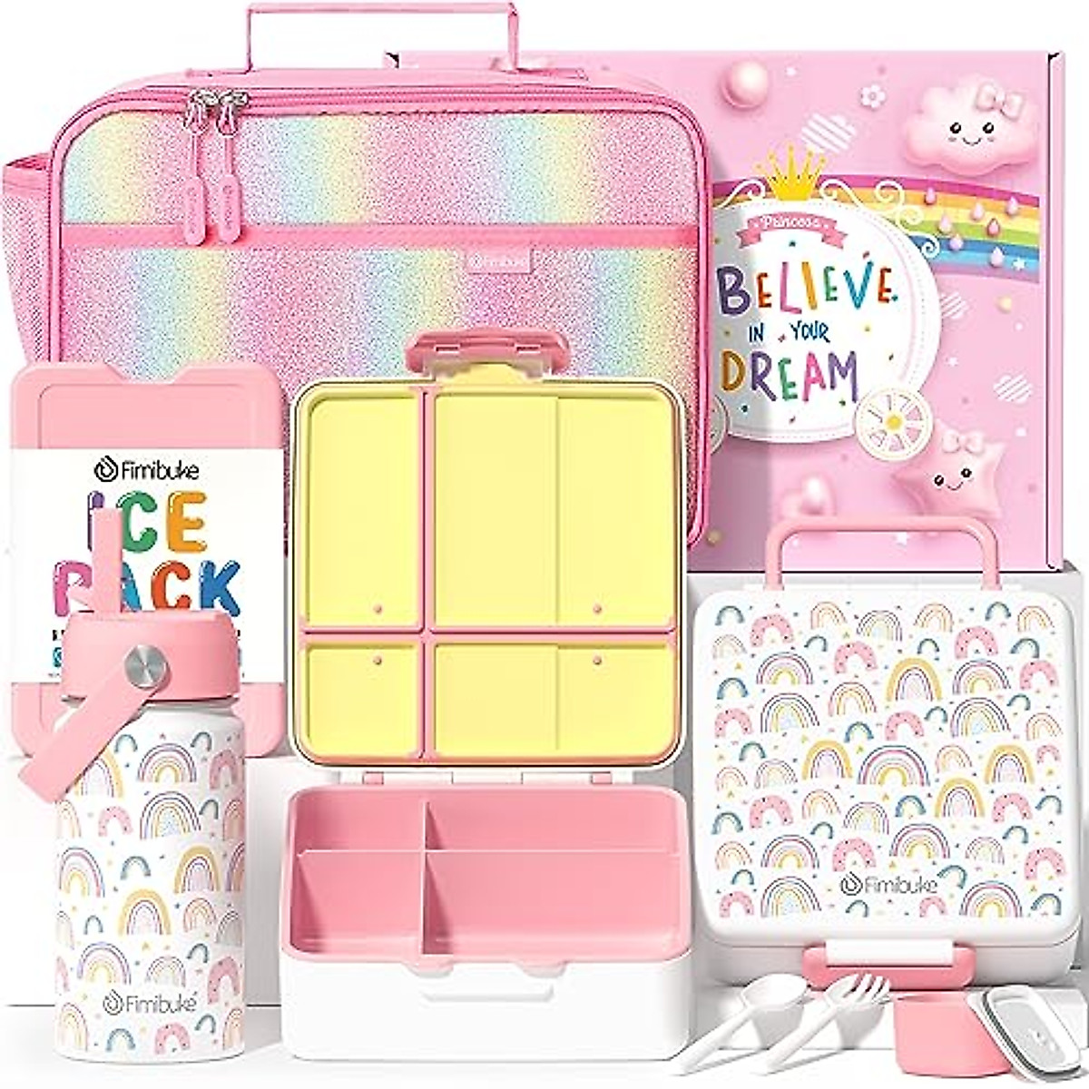 Fimibuke Kids Bento Lunch Box with 4 Compartments, Insulated lunch Bag, Stainless Steel Insulated Water Bottle, Ice Pack & Utensils, Birthday Gifts for Ages 3-12 Back to School Toddler Girls Boys