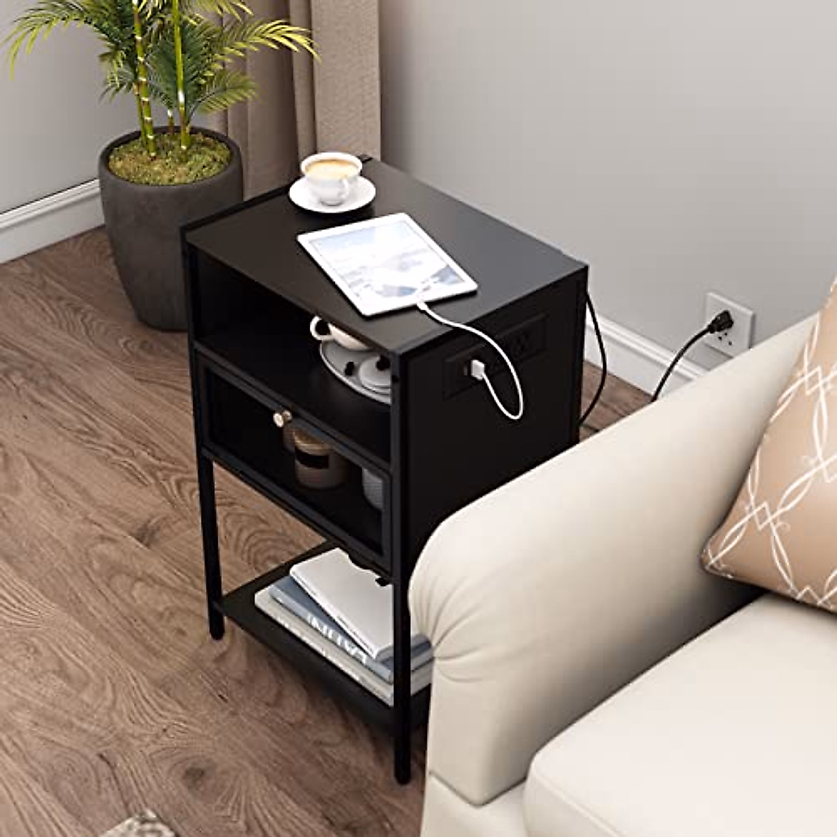 SOOWERY Nightstand with Charging Station, Bedside Tables with 3 Tiers Storage Space and Door, End Table with USB Ports and Outlets for Bedroom, Living Room, Black