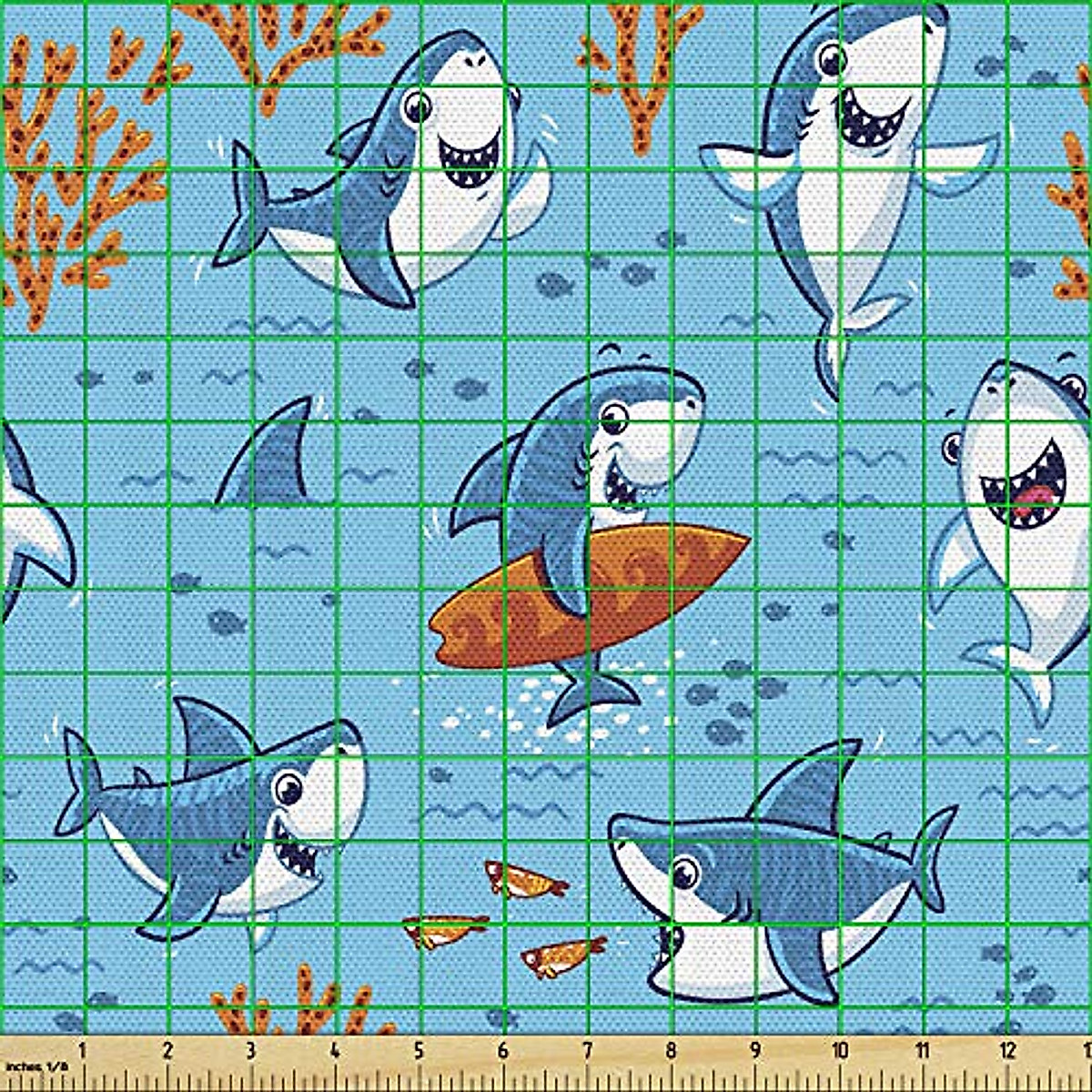 Ambesonne Shark Fabric by The Yard, Underwater Fantasy World with Funny Fish Characters Cheerful Childish Mascots, Decorative Fabric for Upholstery and Home Accents, 1 Yard, Orange White